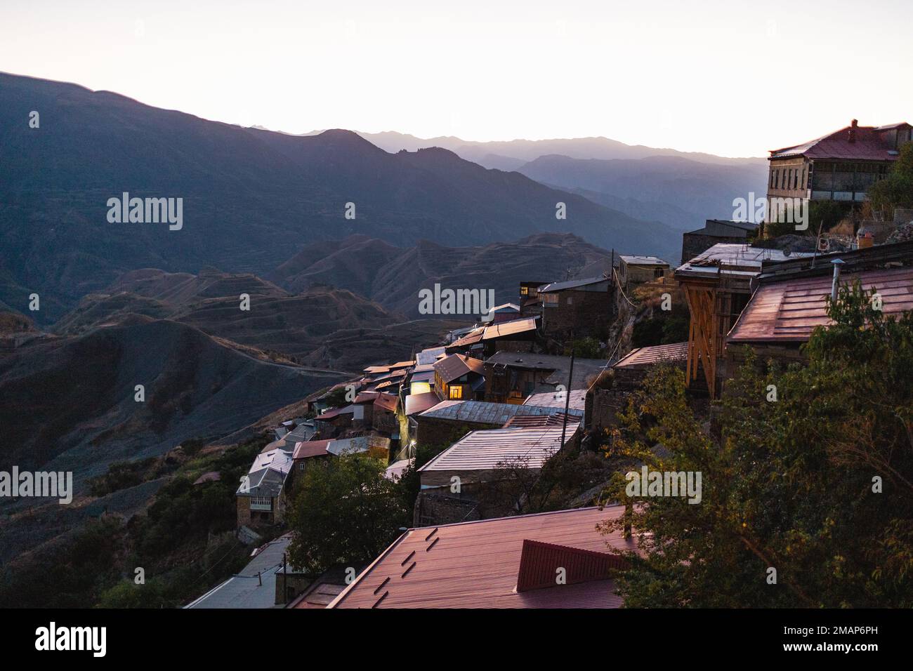 evening view of the mountain village of Chokh in Dagestan on the slope ...