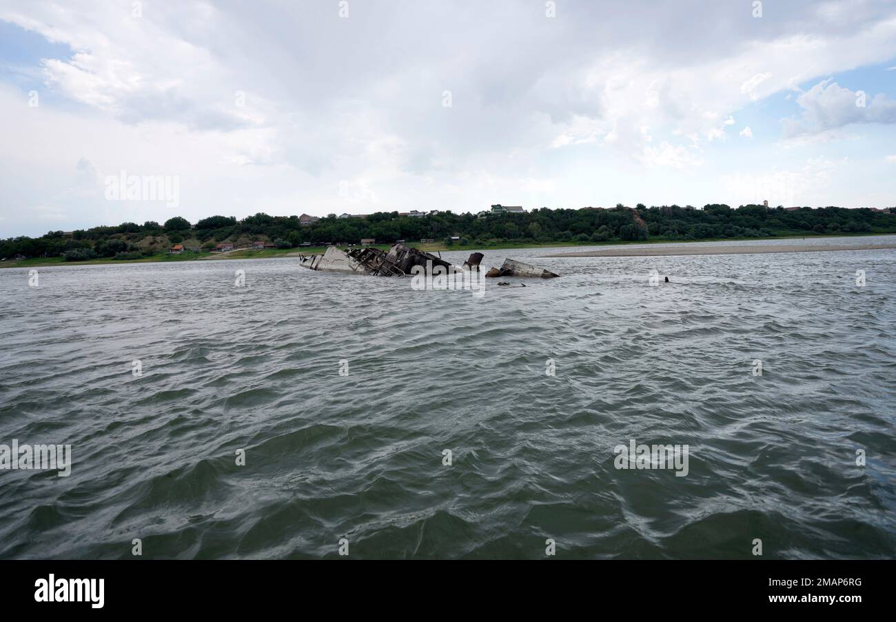 The wreckage of a WWII German warship is seen in the Danube river near ...