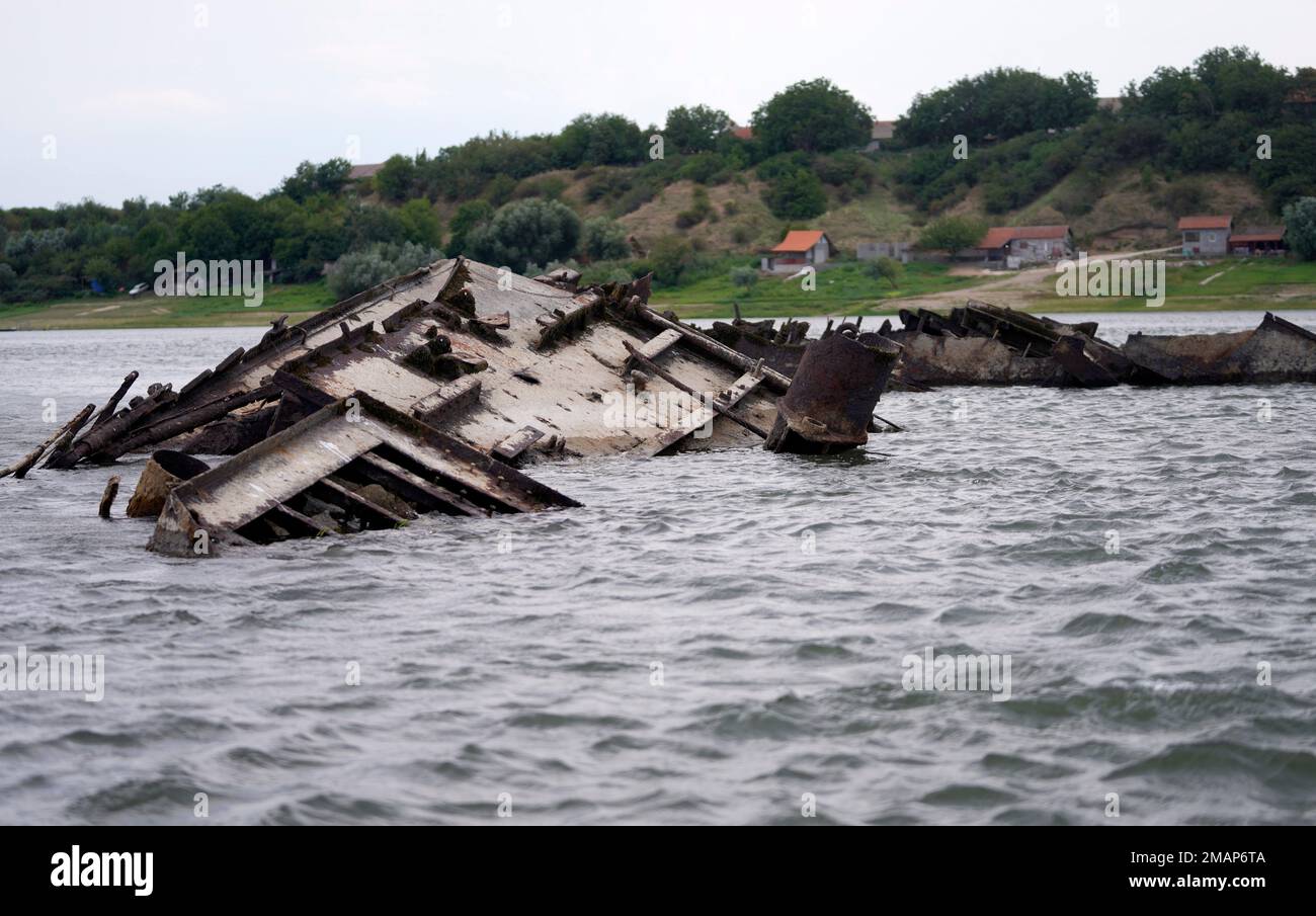 The wreckage of a WWII German warship is seen in the Danube river near ...