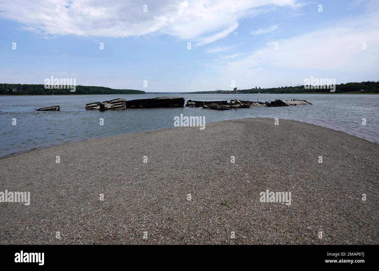 The wreckage of a WWII German warship is seen in the Danube river near ...