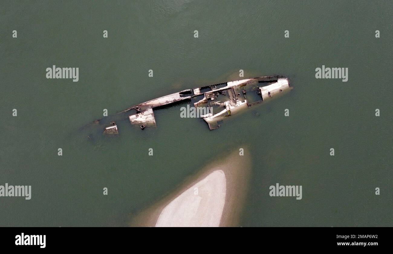 The wreckage of a WWII German warship is seen in the Danube river near ...