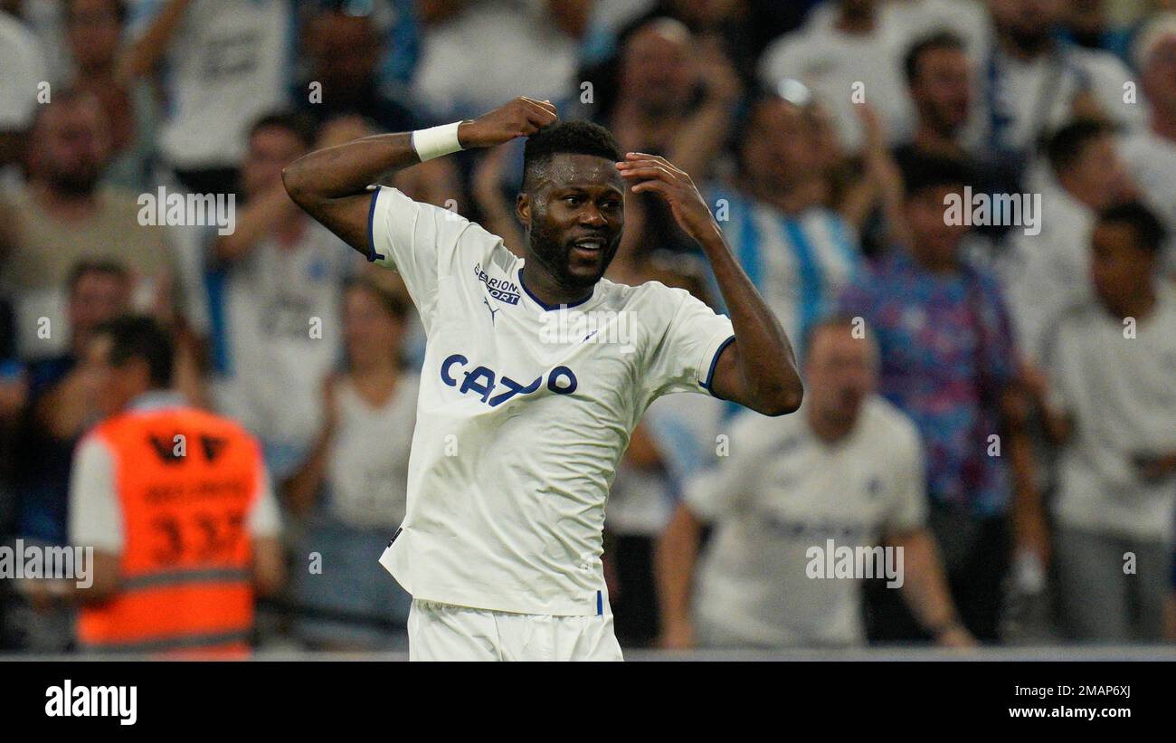 Marseille's Chancel Mbemba celebrates scoring his side's first goal ...