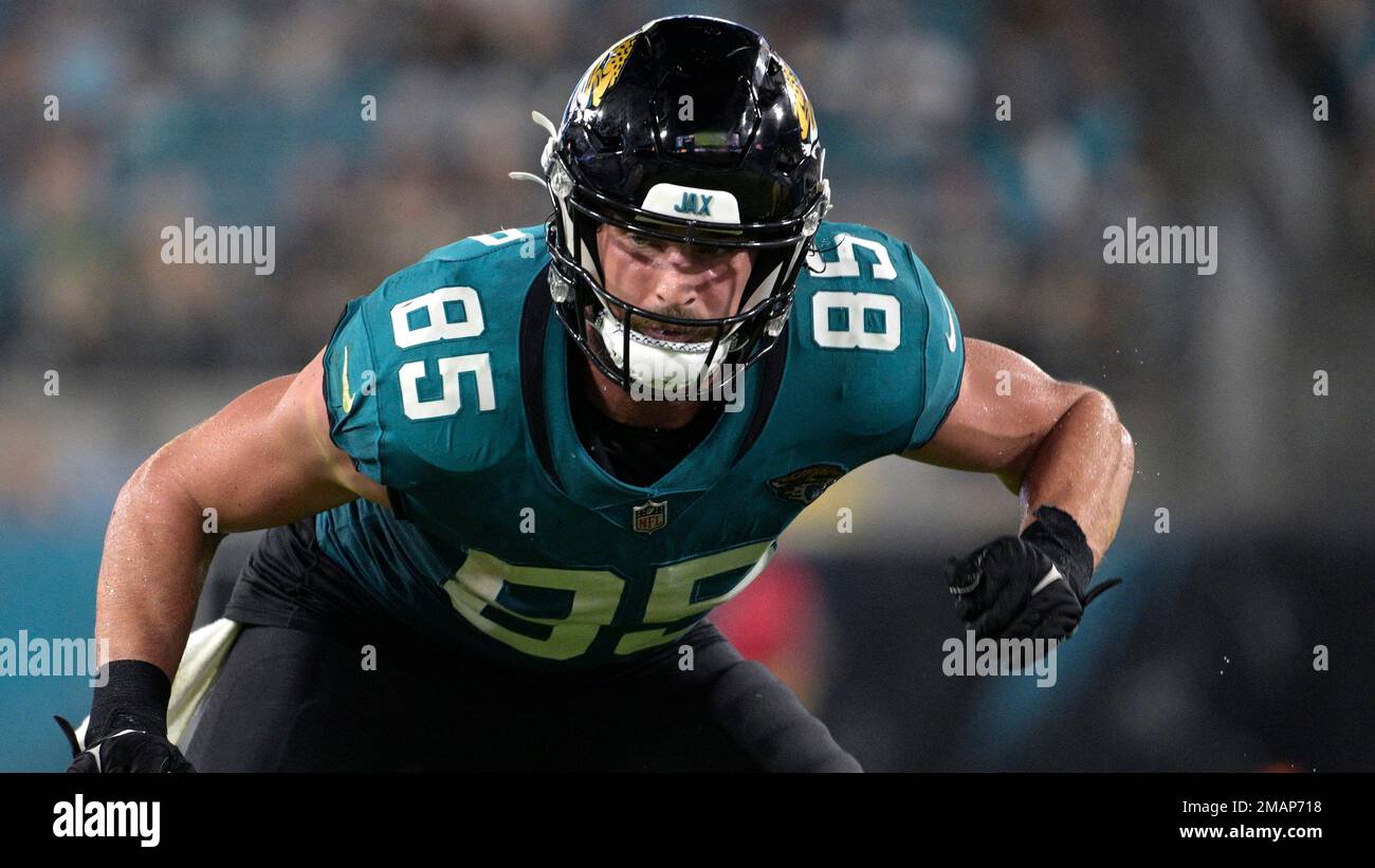 Jacksonville Jaguars tight end Dan Arnold (85) sets up to block on a ...