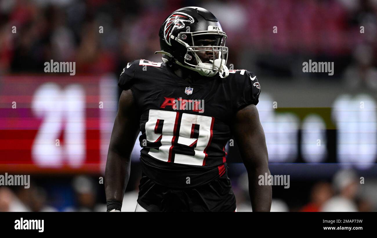 Atlanta Falcons defensive tackle Derrick Tangelo (99) celebrates a sack ...