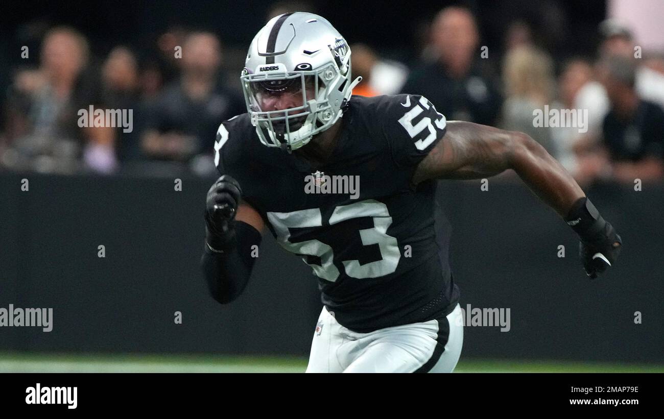 Las Vegas Raiders linebacker Tae Davis during the first half of an NFL ...