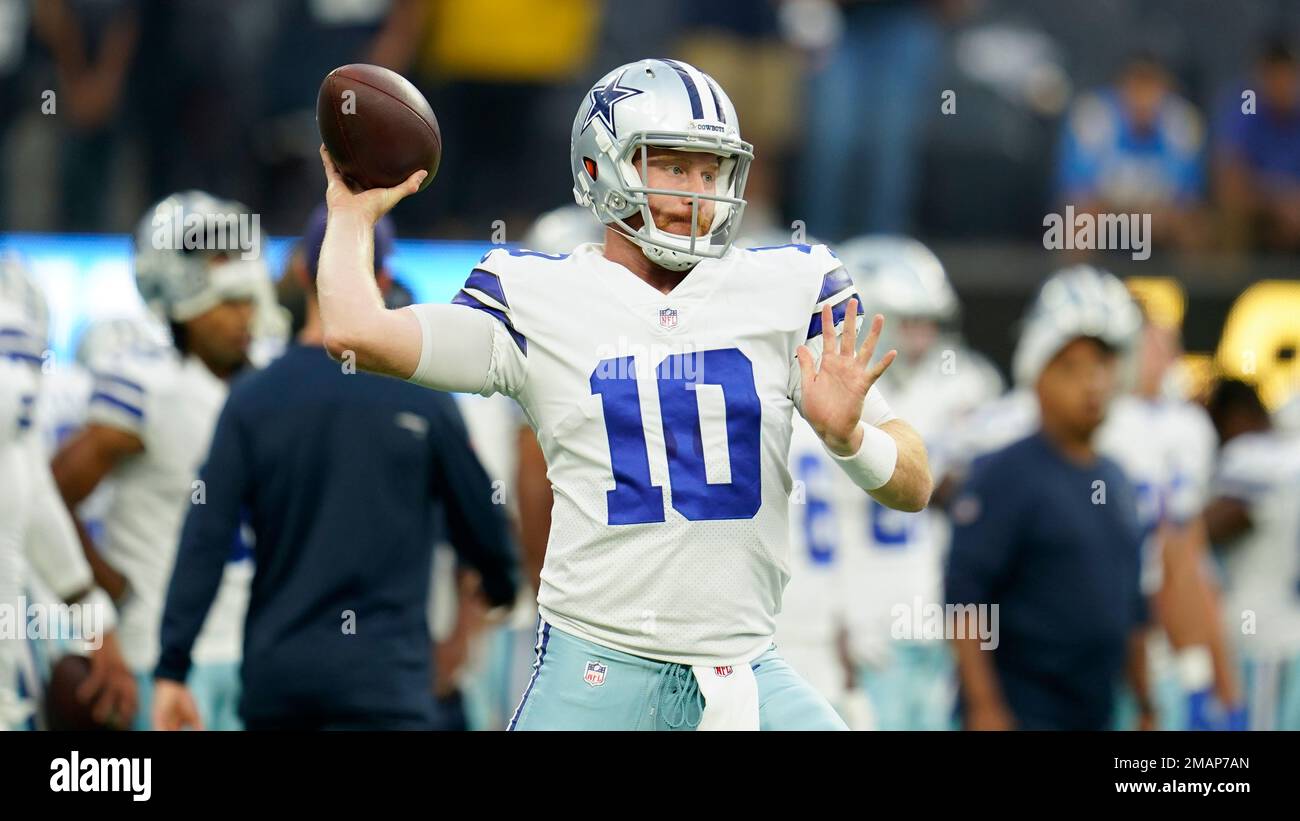 Dallas Cowboys quarterback Cooper Rush (10) warms up before an NFL ...