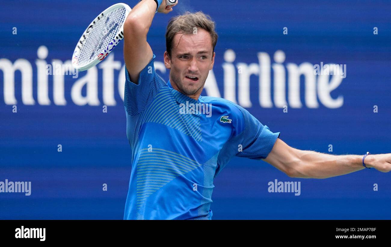 Daniil Medvedev, of Russia, returns a shot to Stefan Kozlov, of the ...