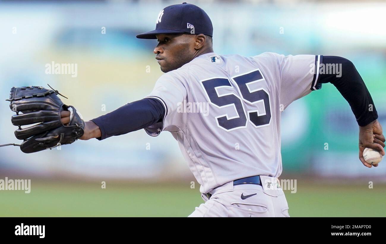 New York Yankees' Domingo Germán pitches against the Oakland Athletics ...