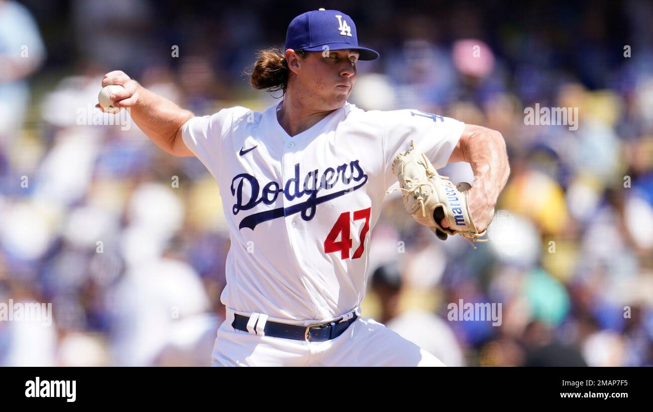 Los Angeles Dodgers starting pitcher Ryan Pepiot throws during a ...