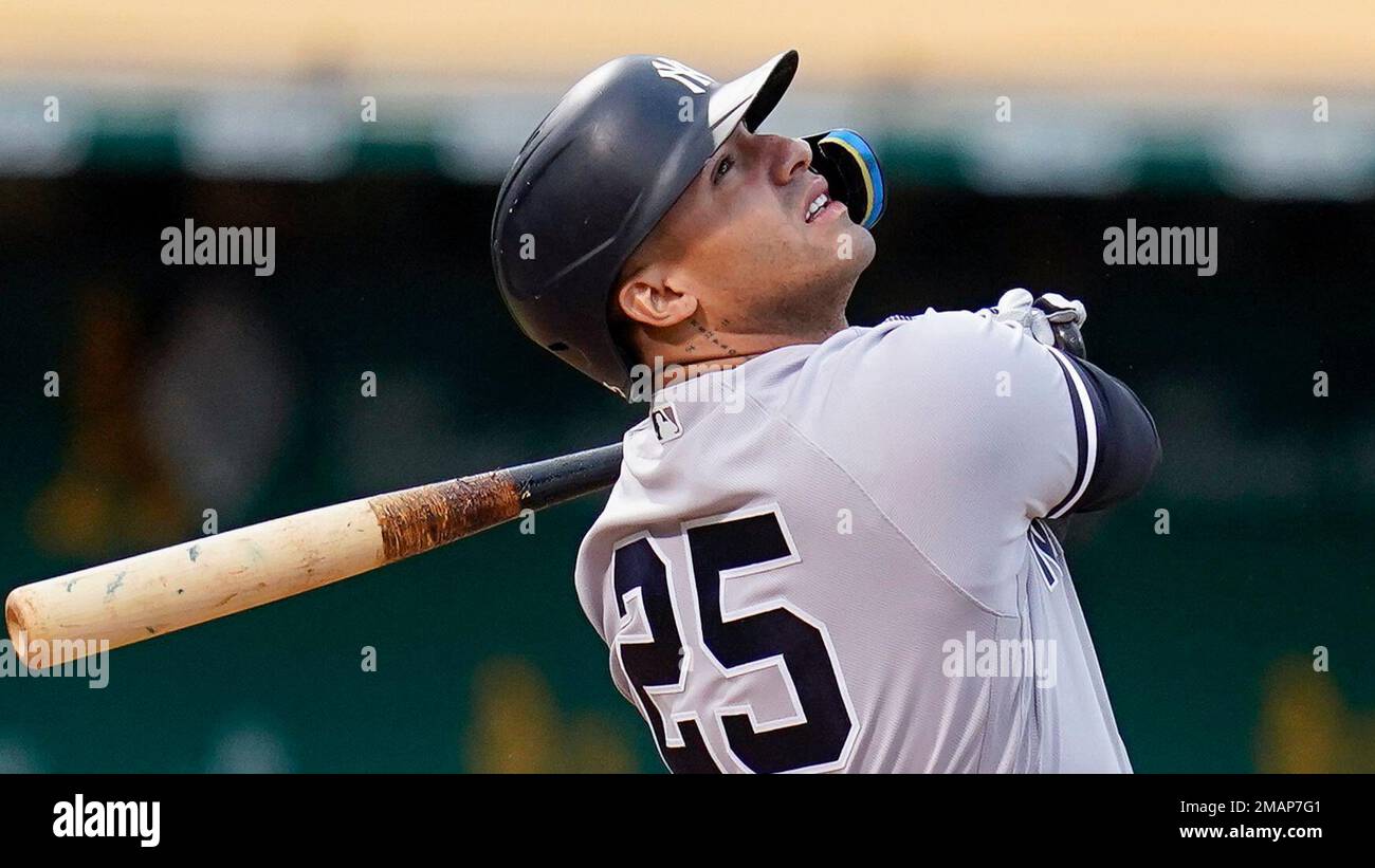New York Yankees' Gleyber Torres bats against the Oakland Athletics ...