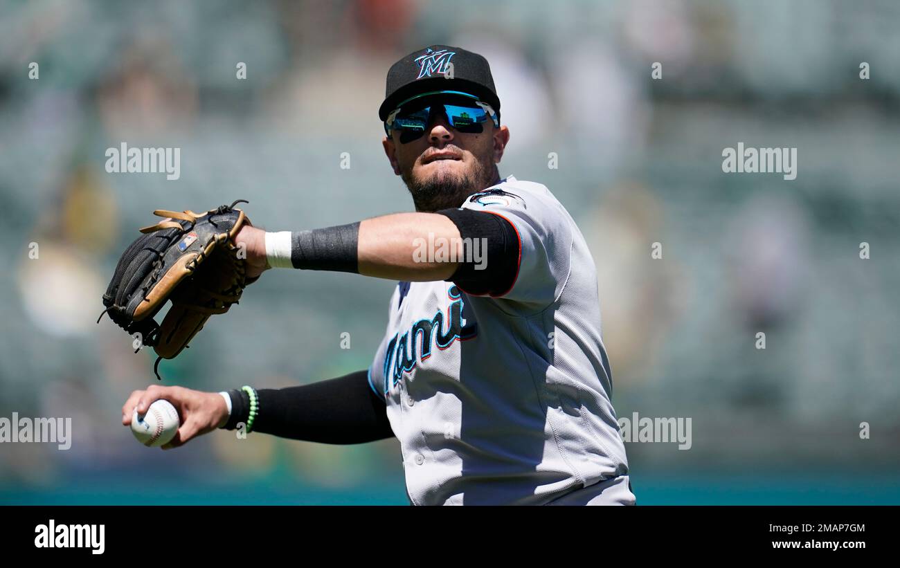 Miami Marlins' Miguel Rojas before a baseball game against the Oakland ...