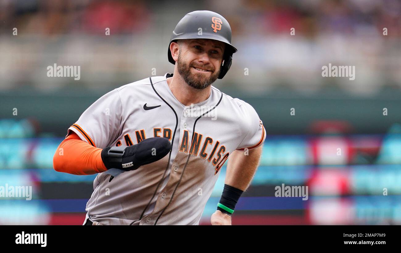 San Francisco Giants' Evan Longoria runs the bases to score off an RBI ...