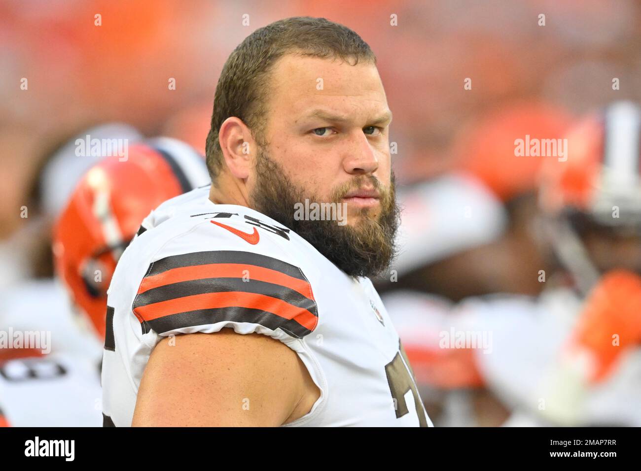 Cleveland Browns guard Joel Bitonio stands on the field during an NFL ...