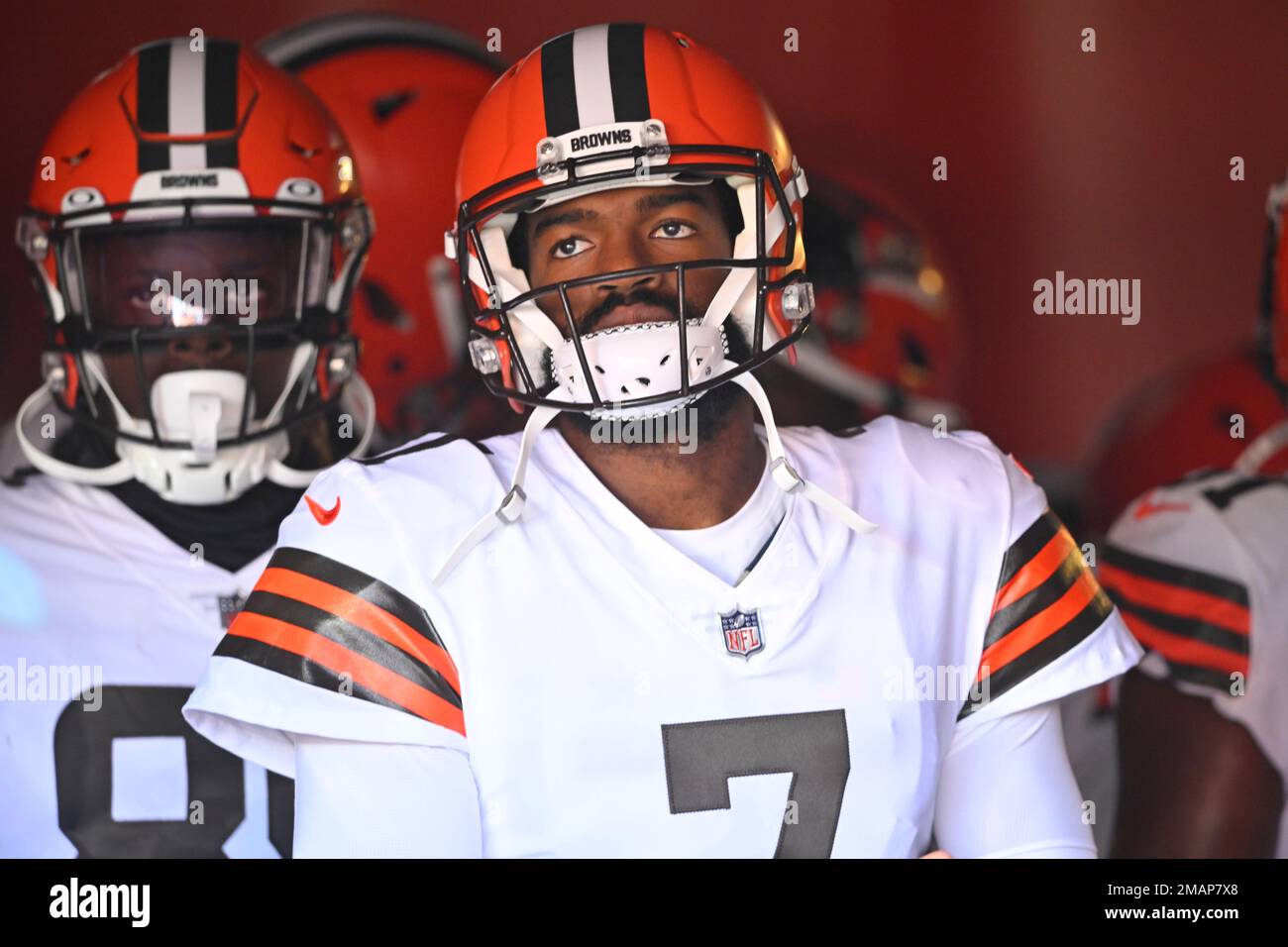Cleveland Browns quarterback Jacoby Brissett (7) stands on the field ...