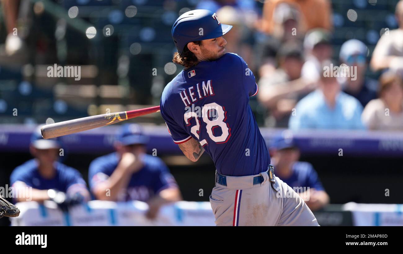 Texas Rangers catcher Jonah Heim (28) in the fourth inning of a ...