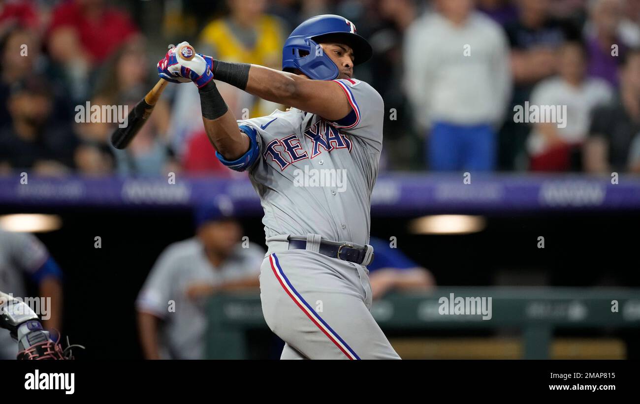 Texas Rangers catcher Meibrys Viloria (60) in the fifth inning of a baseball game Tuesday, Aug ...