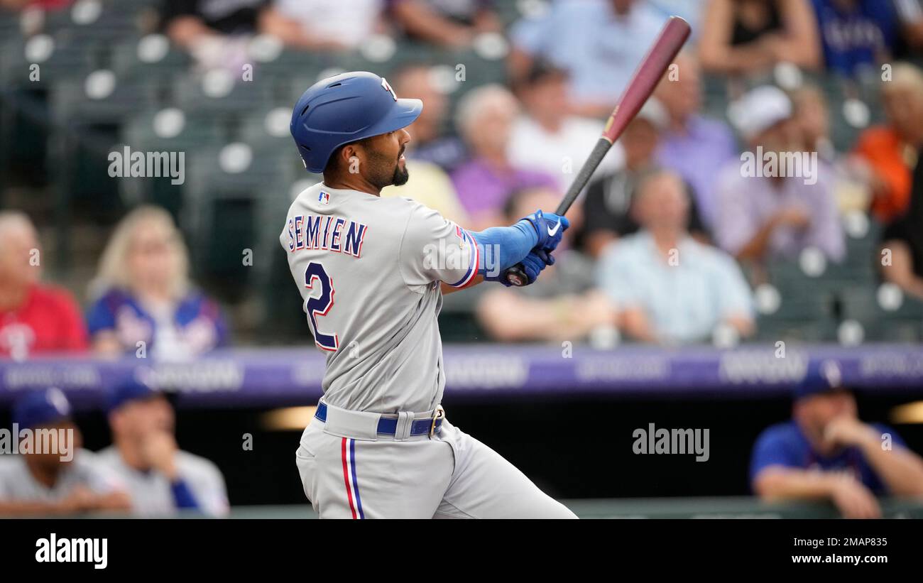 Texas Rangers second baseman Marcus Semien (2) in the first inning of a ...