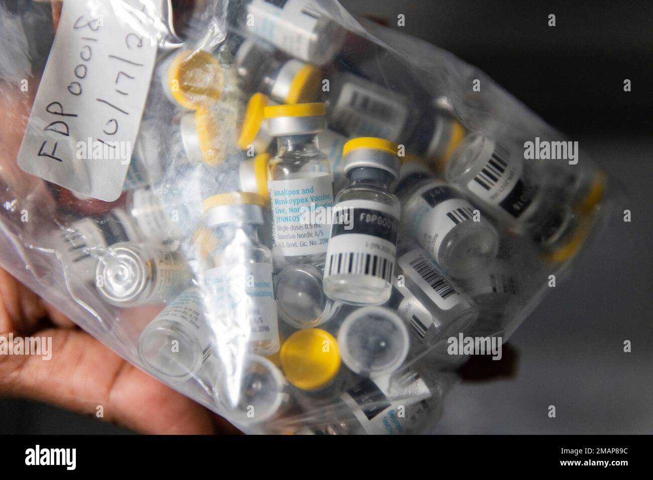 Vials of single doses of the Jynneos vaccine for monkeypox are seen ...