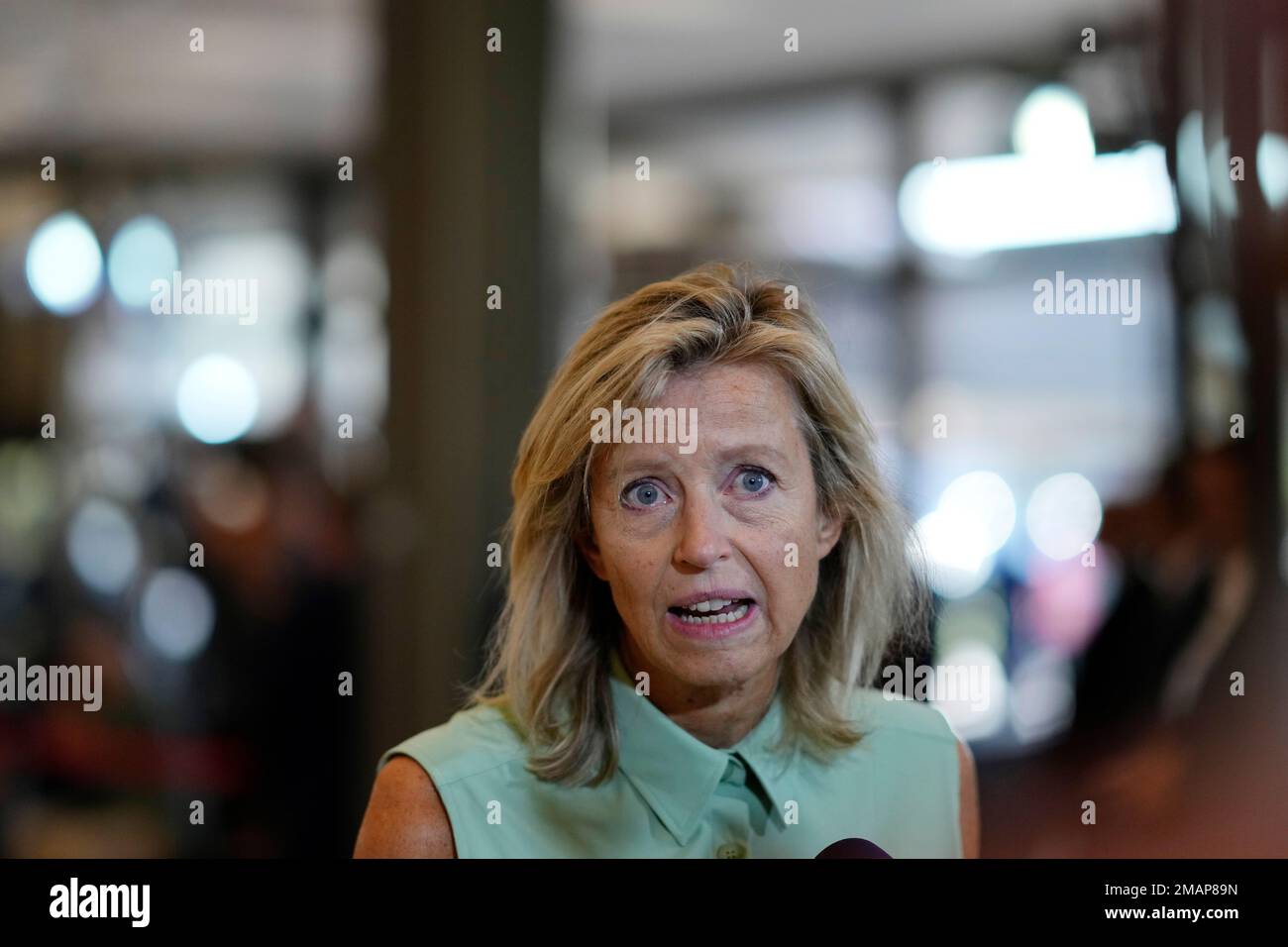Dutch Defense Minister Kajsa Ollongren speaks with the media as she ...