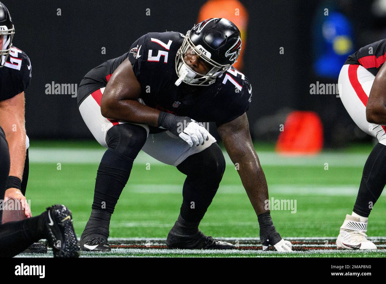 Atlanta Falcons guard Justin Shaffer (75) lines up during the second ...