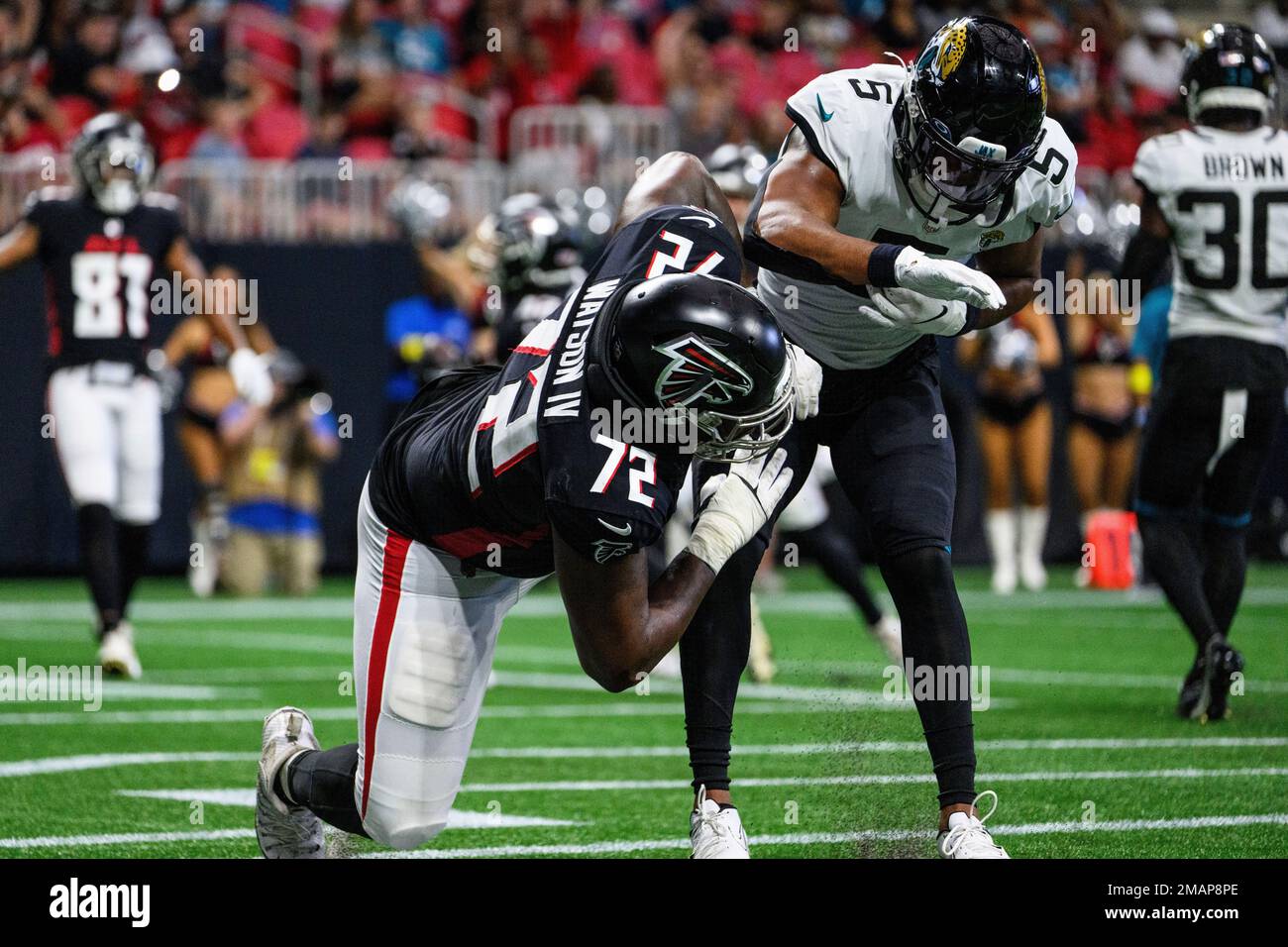 Jacksonville Jaguars safety Rudy Ford (5) works against Atlanta Falcons ...