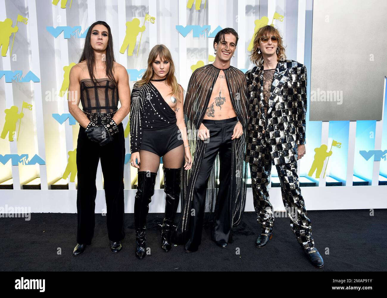 Maneskin, from left, Ethan Torchio, Victoria De Angelis, Damiano David and Thomas Raggi arrive ...