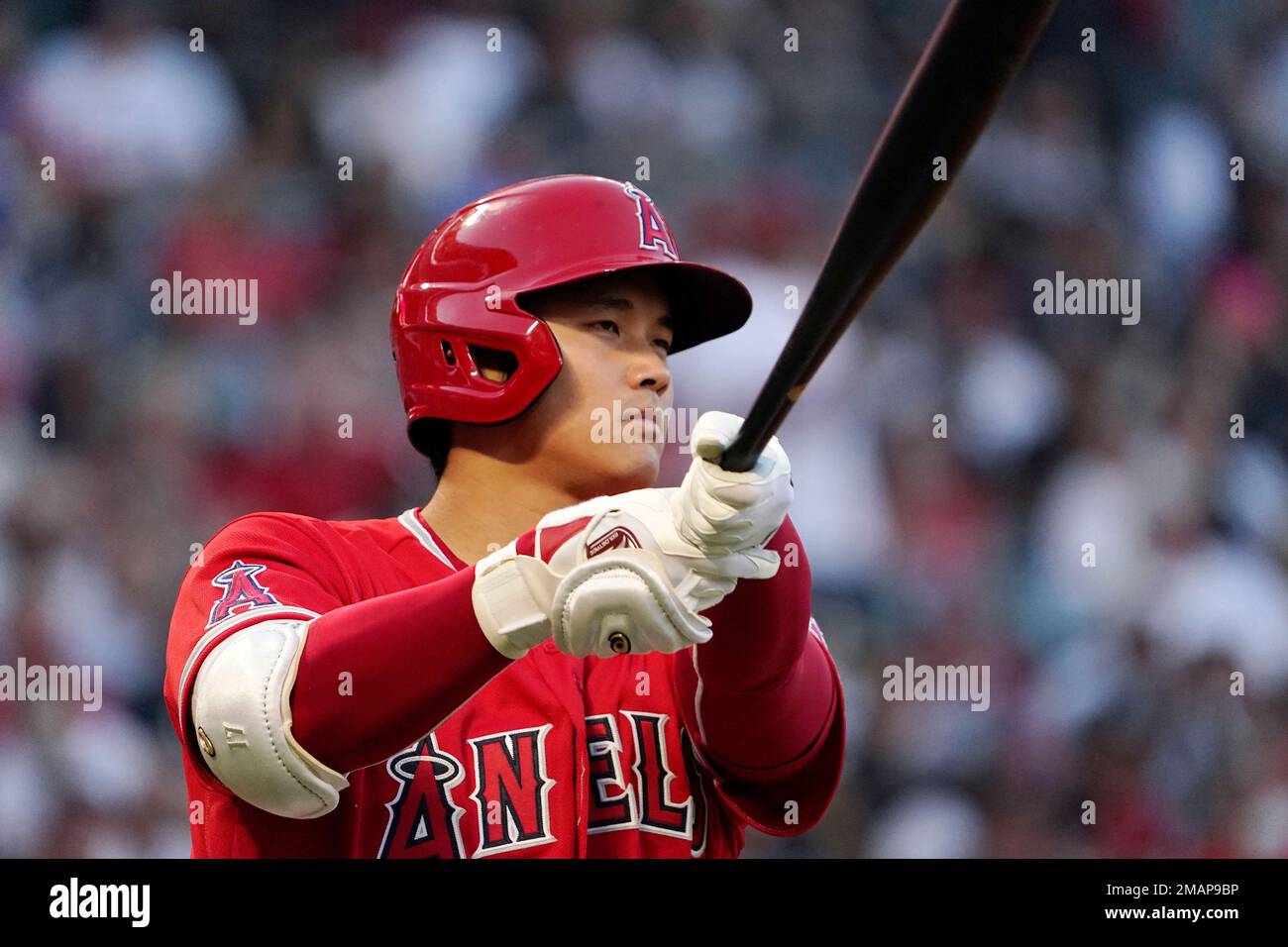 Los Angeles Angels' Shohei Ohtani takes a practice swing during his at ...