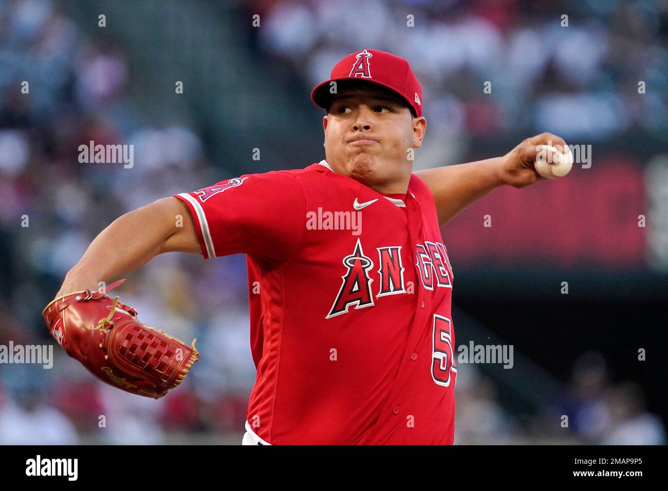 Los Angeles Angels starting pitcher Jose Suarez throws to the plate ...