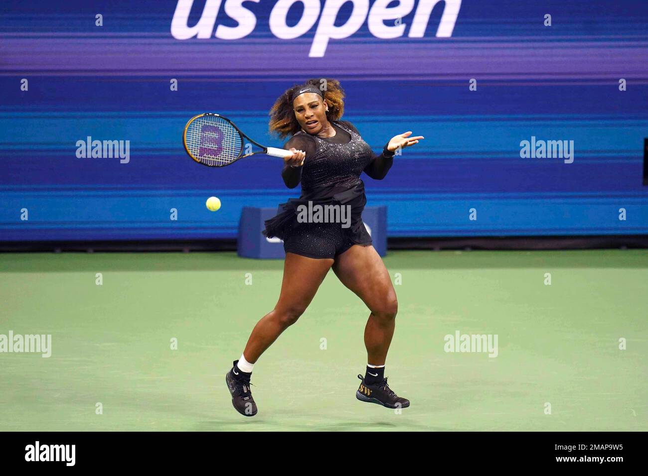 Serena Willams serves to Danka Koviniv during the first round of the U ...