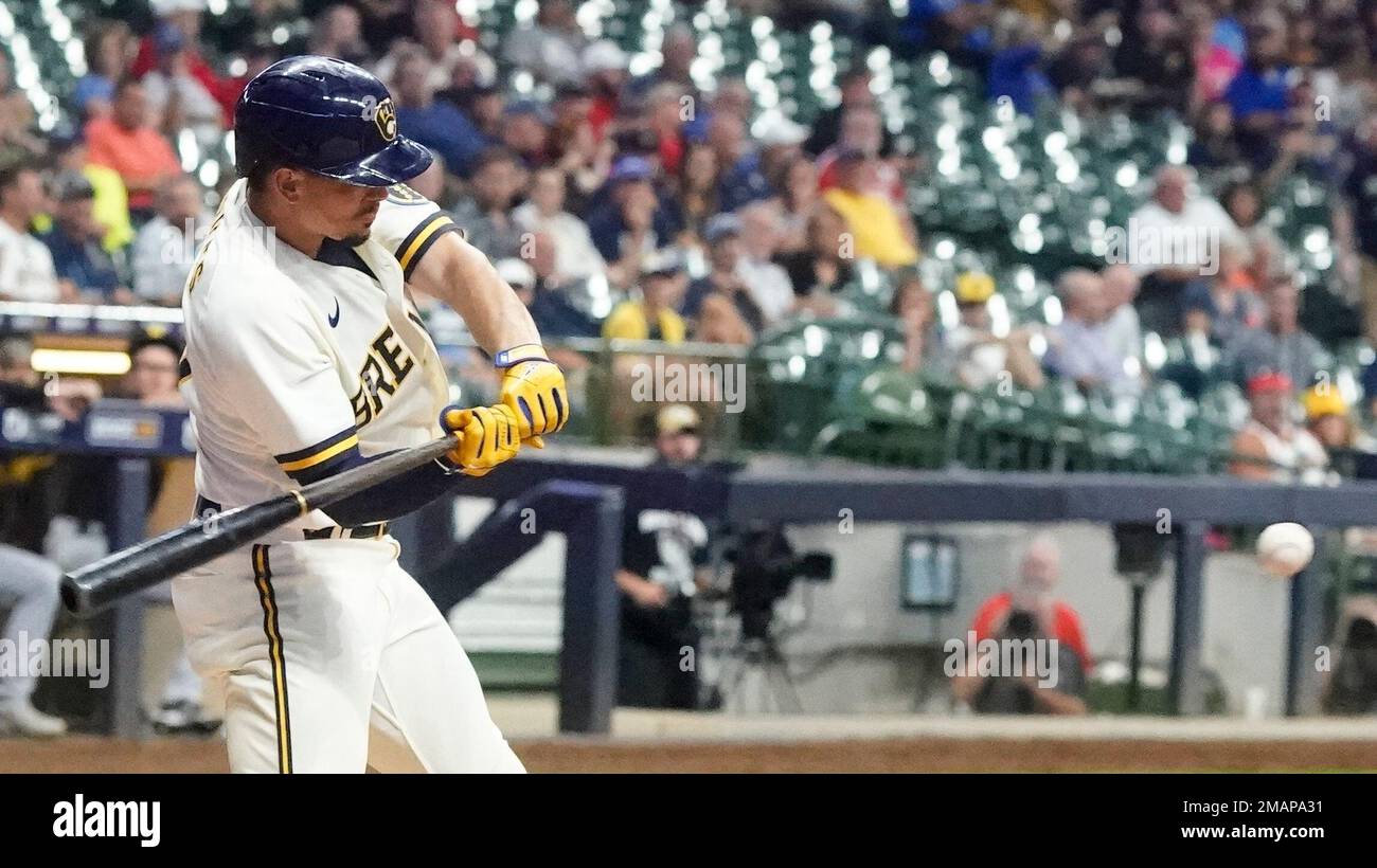 Milwaukee Brewers' Willy Adames hits an RBI single during the third ...