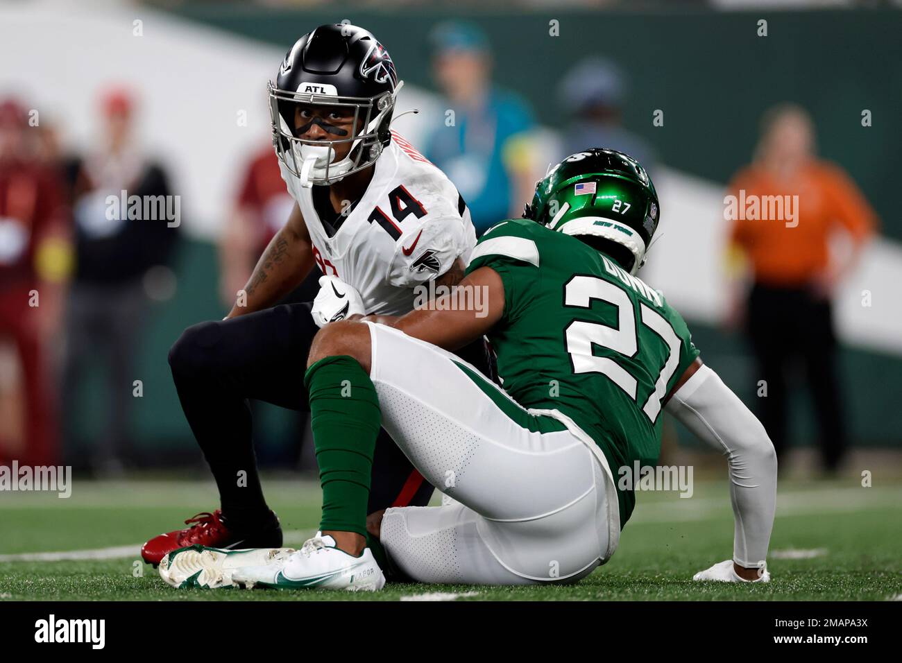 Atlanta Falcons wide receiver Damiere Byrd (14) reacts after being ...