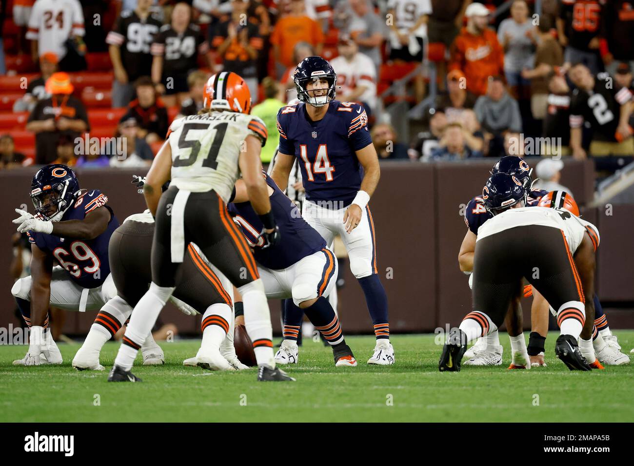 Chicago Bears quarterback Nathan Peterman (14) lines up for a play ...