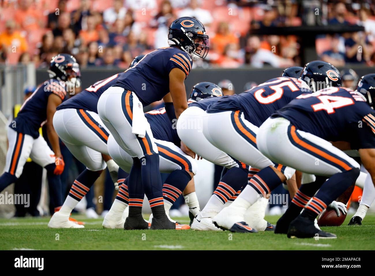 Chicago Bears quarterback Justin Fields (1) lines up for a play during ...