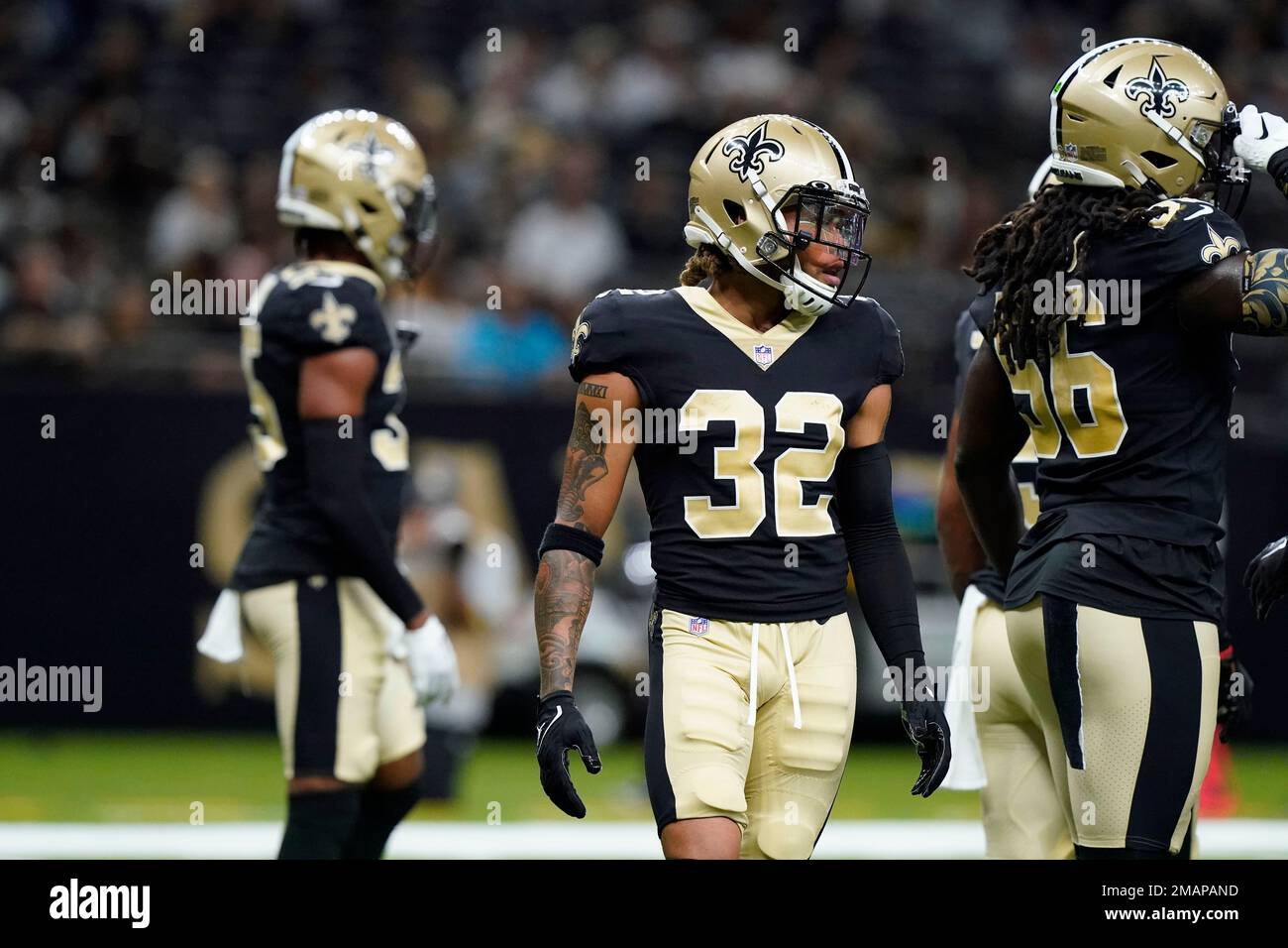 New Orleans Saints safety Tyrann Mathieu (32) walks between plays ...