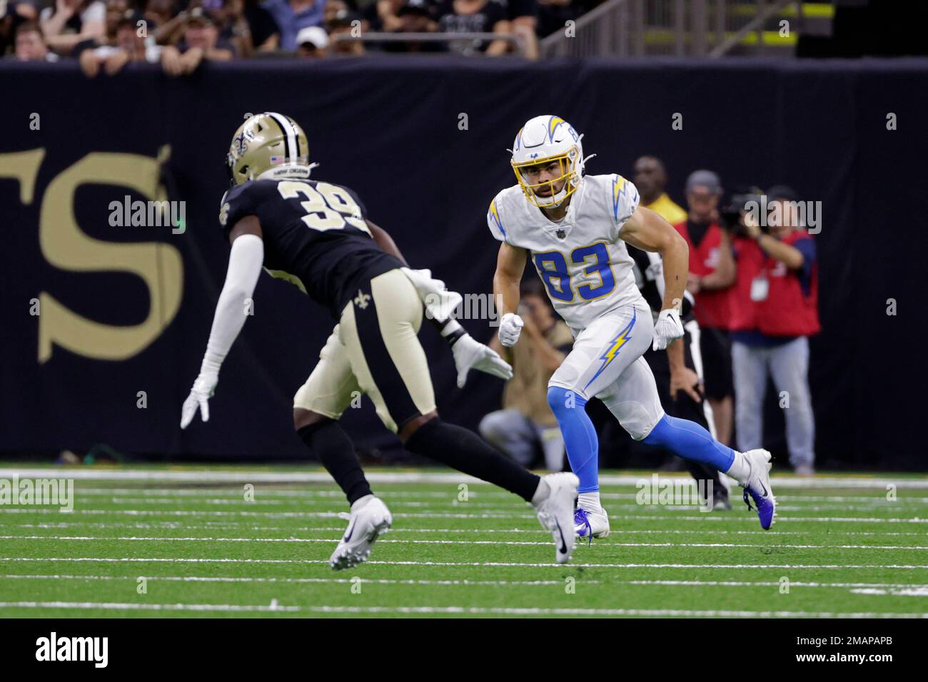 Los Angeles Chargers wide receiver Michael Bandy (83) runs off the line ...