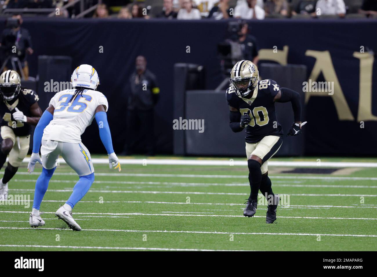 New Orleans Saints wide receiver Jarvis Landry (80) runs off the line ...