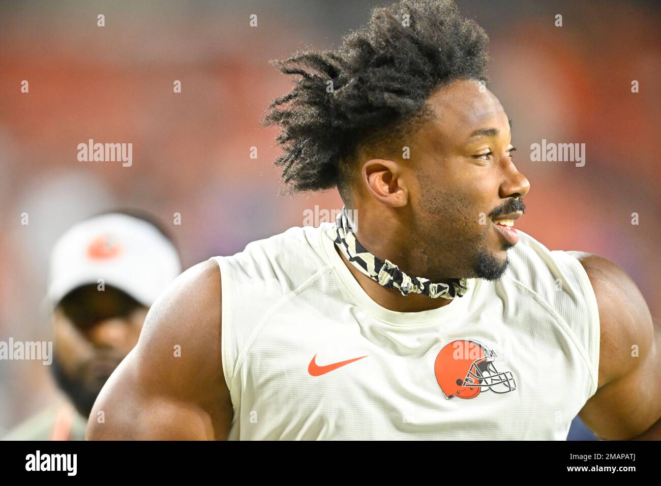 Cleveland Browns defensive end Myles Garrett runs on the field after an ...