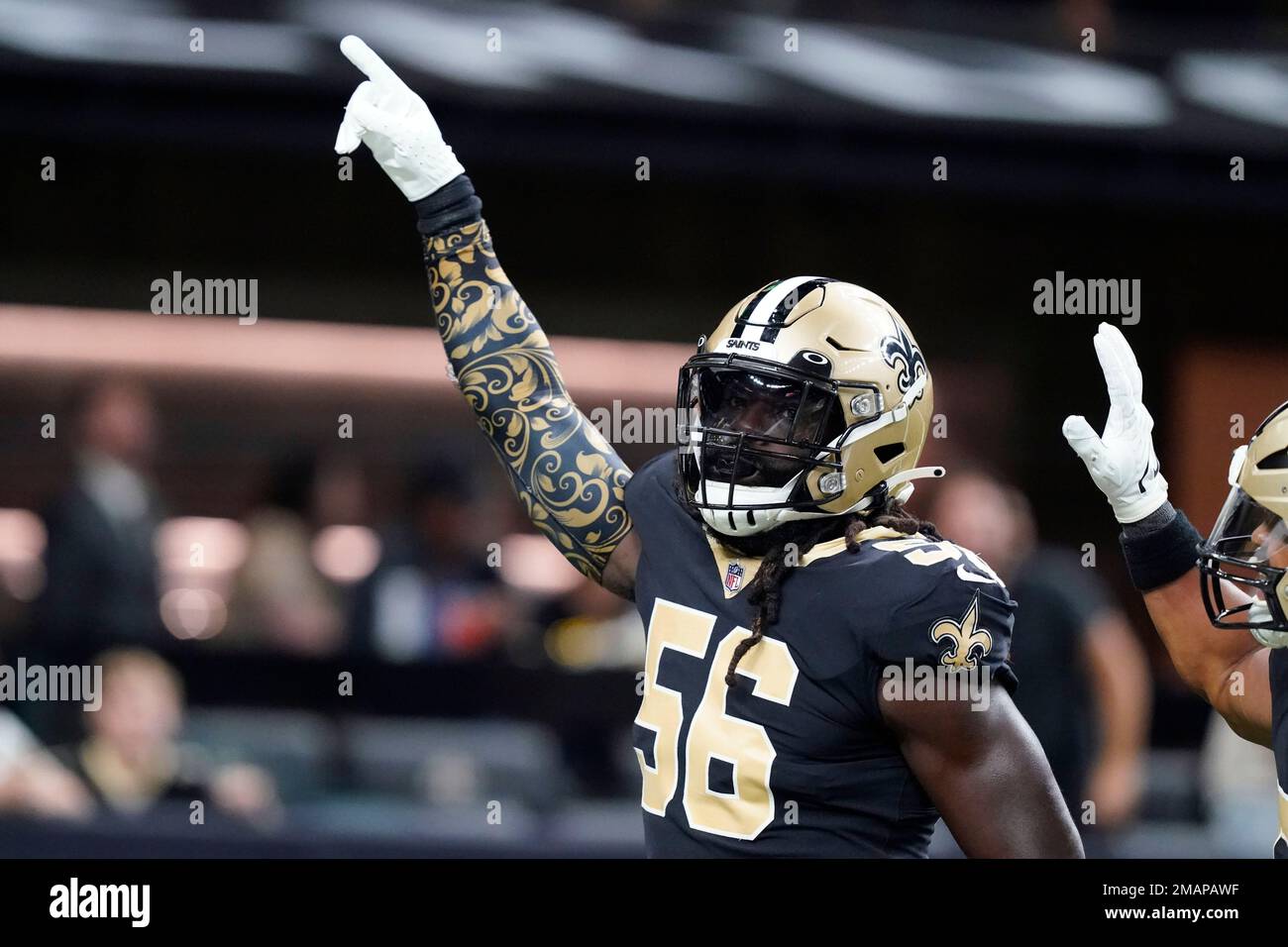 New Orleans Saints linebacker Demario Davis (56) reacts after a sack ...