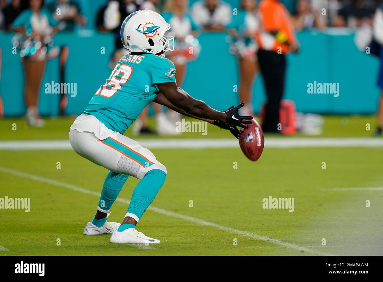 Miami Dolphins wide receiver Preston Williams bobbles a kick return ...