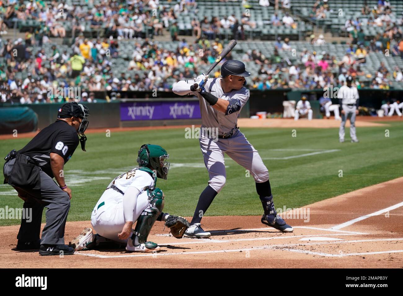 New York Yankees' Aaron Judge bats against the Oakland Athletics during ...