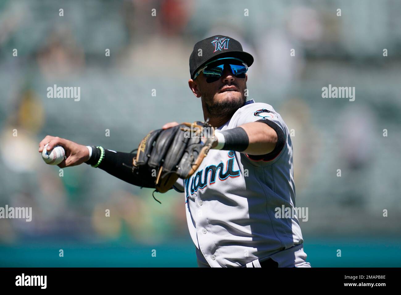 Miami Marlins' Miguel Rojas before a baseball game against the Oakland ...