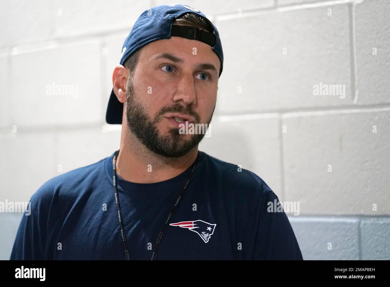 New England Patriots tight ends coach Nick Caley faces reporters ...