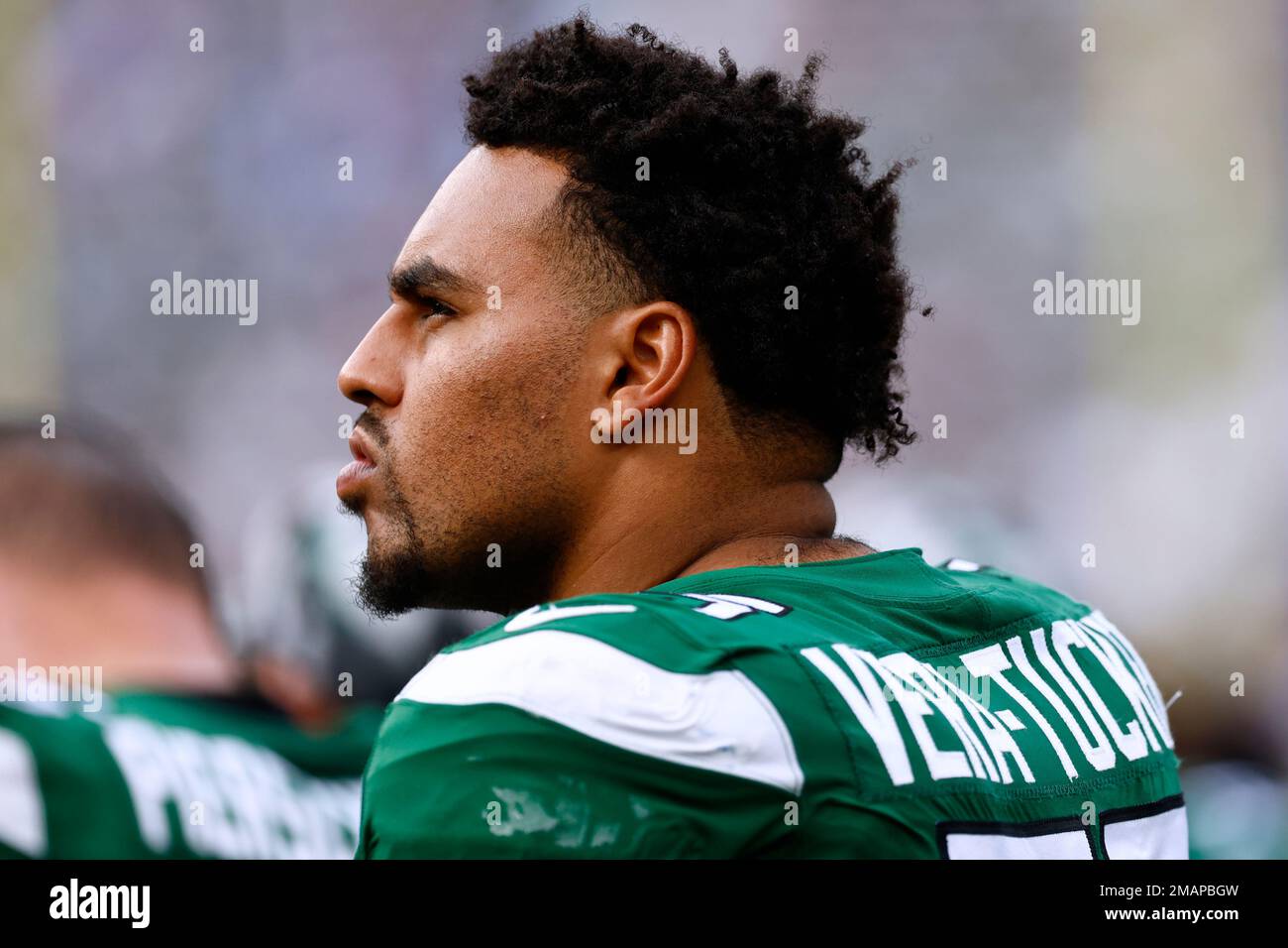 New York Jets guard Alijah Vera-Tucker (75) in action during an NFL pre ...