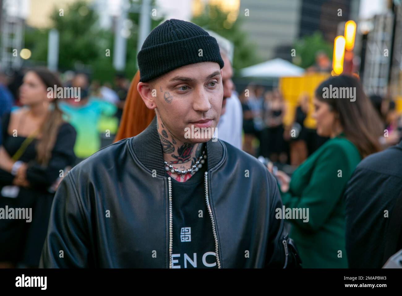Singer Matthew Tyler Musto who performs as Blackbear talks with the media at the 2022 MTV Video ...