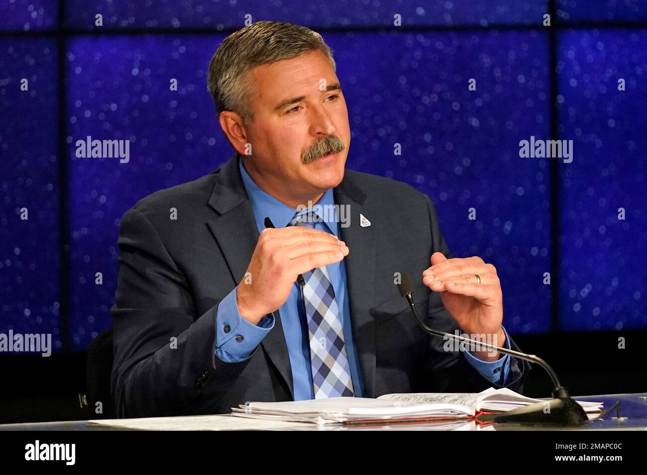 Michael Sarafin, Artemis Mission Manager answers questions during a new ...