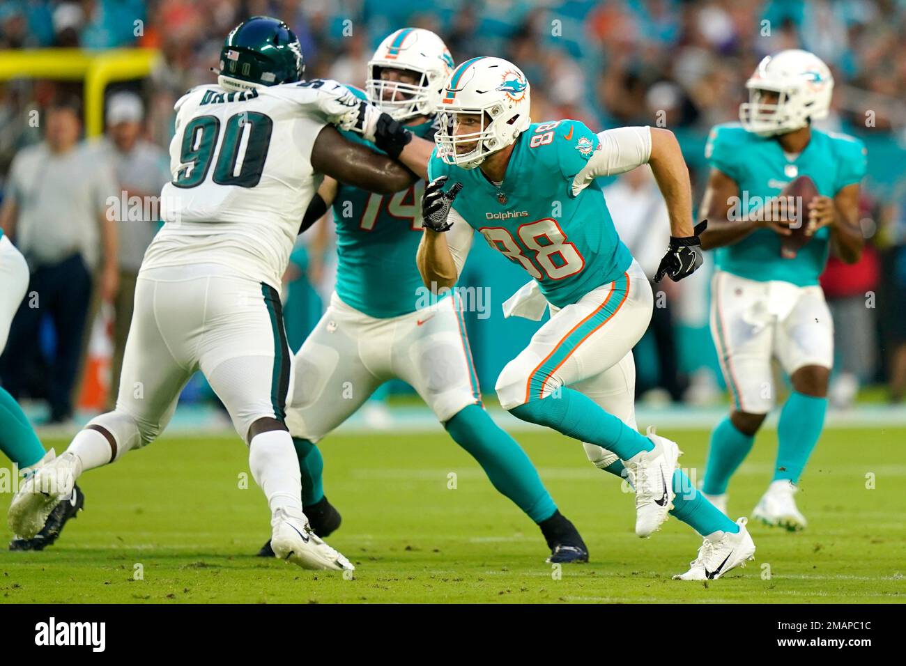 Miami Dolphins tight end Mike Gesicki (88) runs a play during the first half of a NFL preseason ...