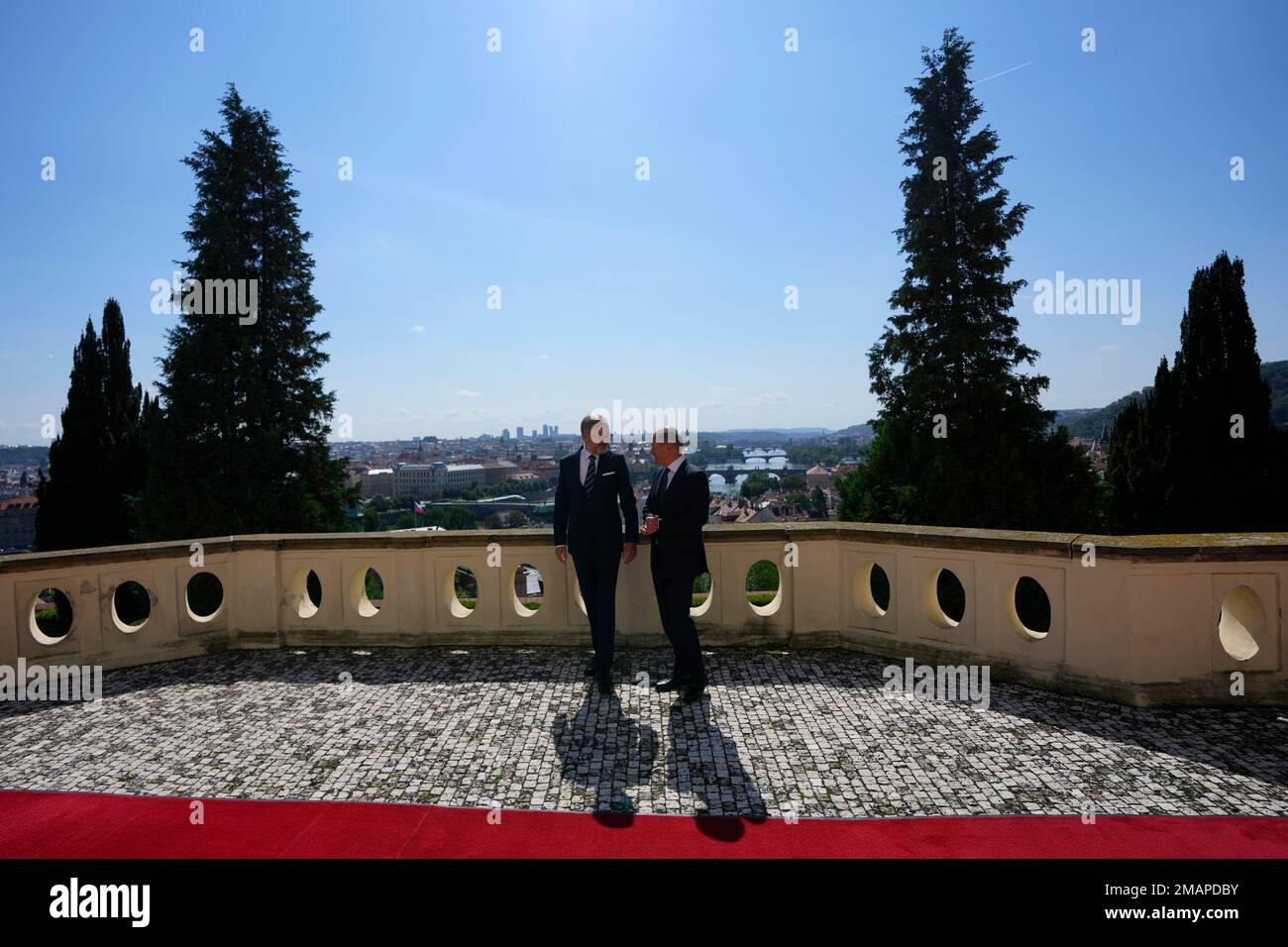 Czech Republic's Prime Minister Petr Fiala, left, welcomes German ...