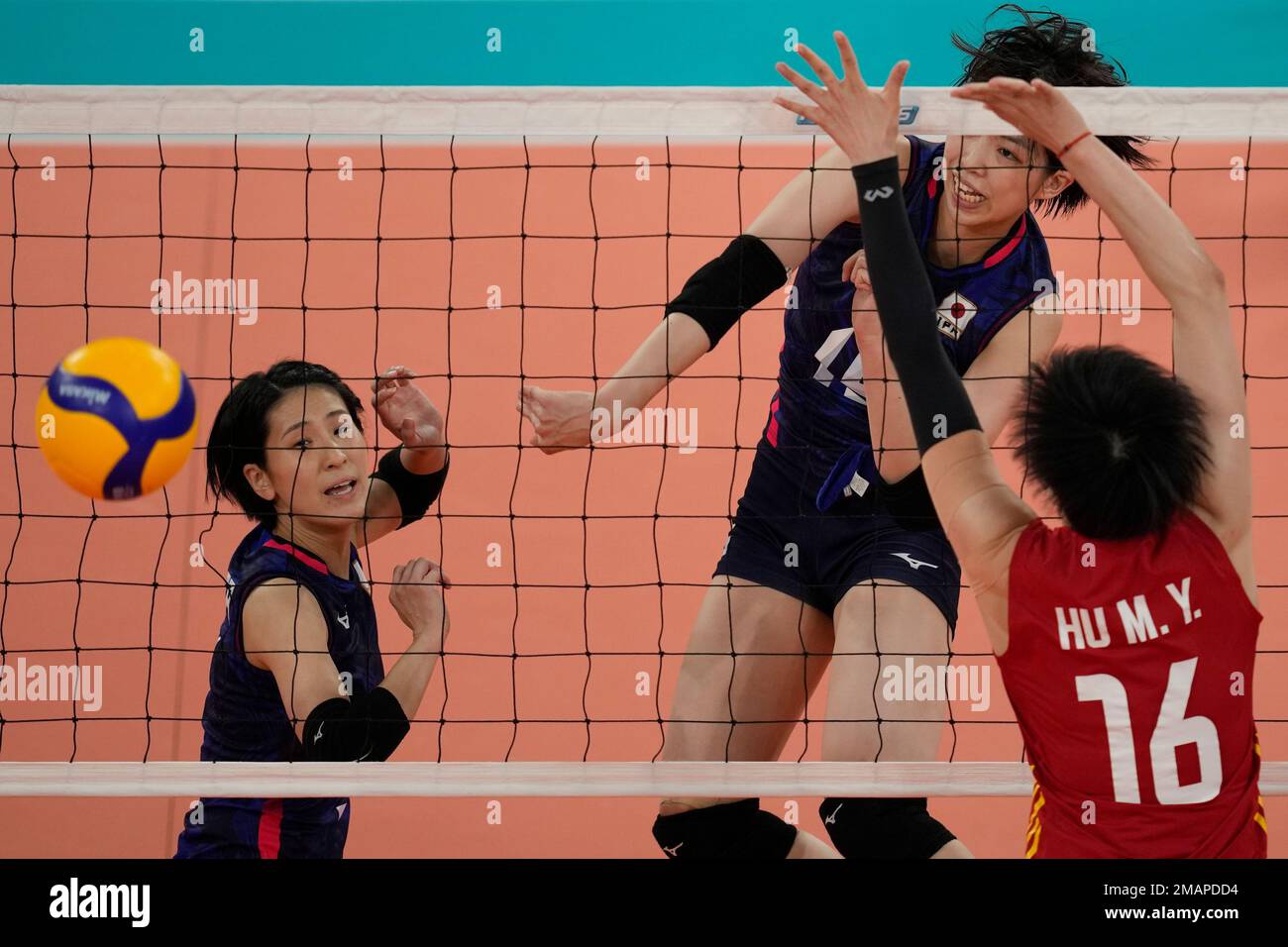 Japan's Hiroyo Yamanaka hits the ball during their gold medal match ...
