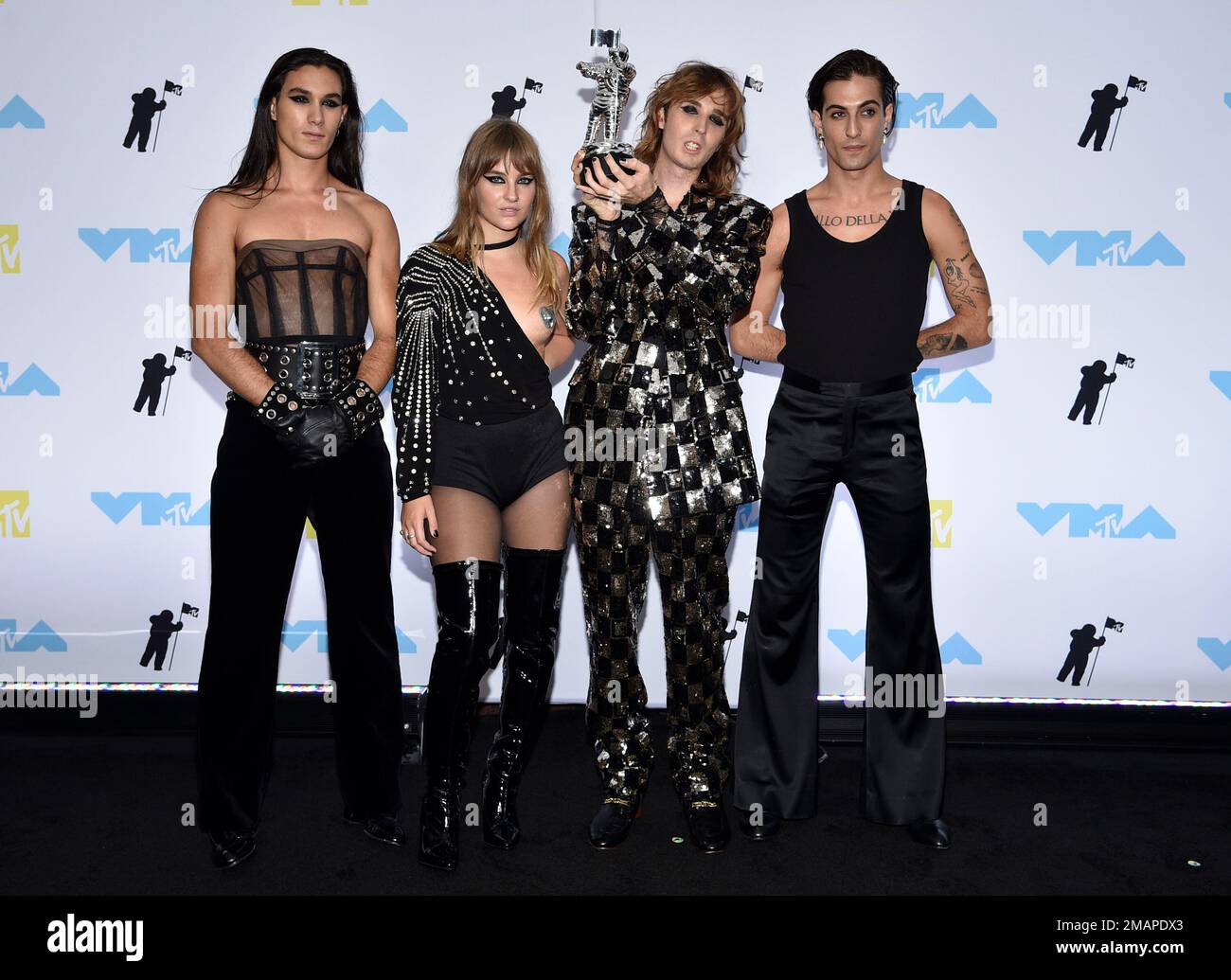 Ethan Torchio, from left, Victoria De Angelis, Thomas Raggi and Damiano David, of Maneskin ...