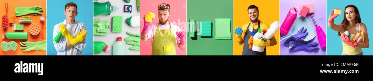 Collage with people and cleaning supplies on color background Stock ...